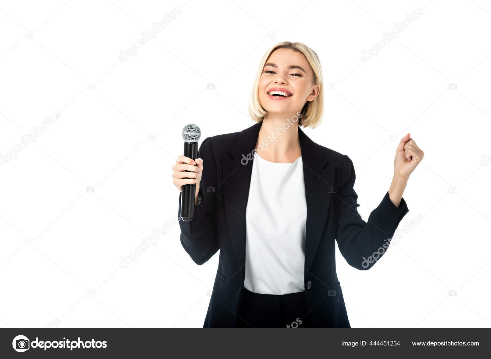 Excited News Anchor Microphone Showing Triumph Gesture Isolated White ...