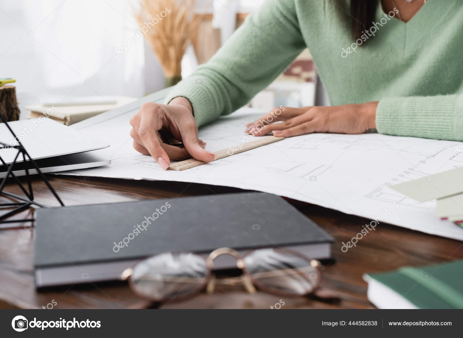 Partial View African American Architect Measuring Blueprint Ruler ...