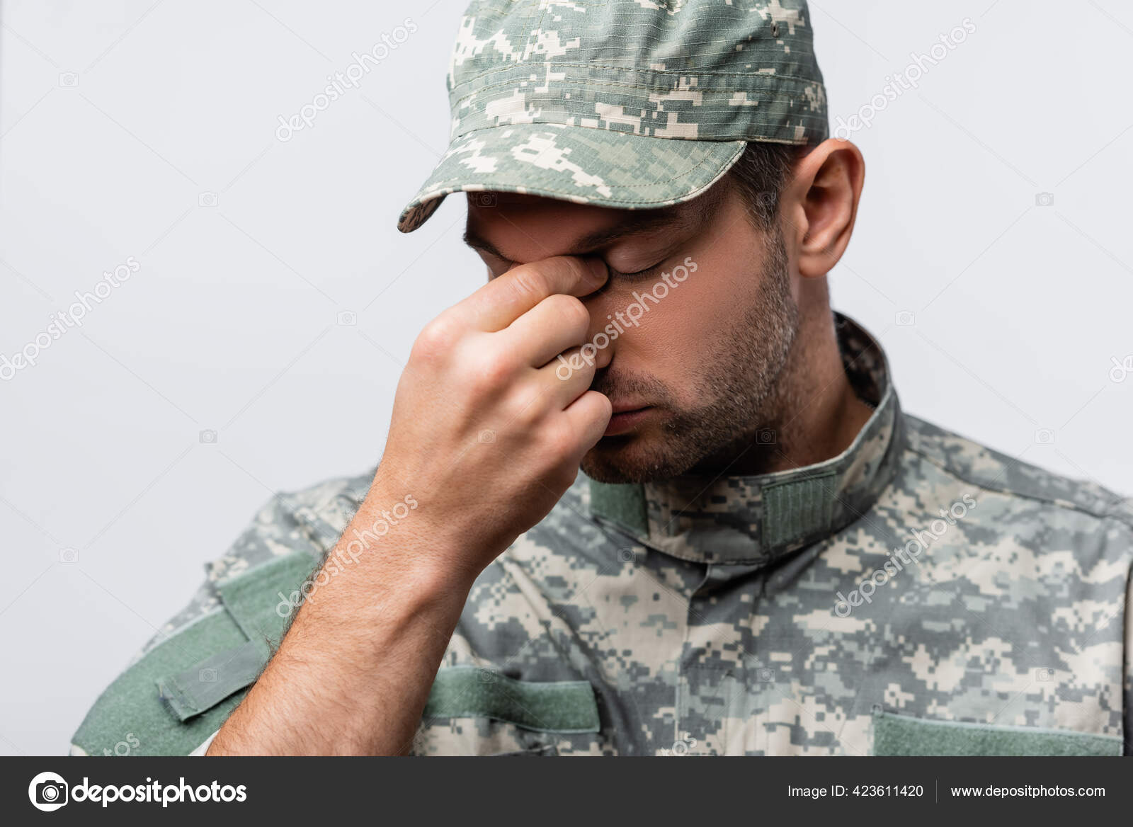 Sad Military Man Uniform Cap Wiping Tears Isolated White Stock Photo by ...