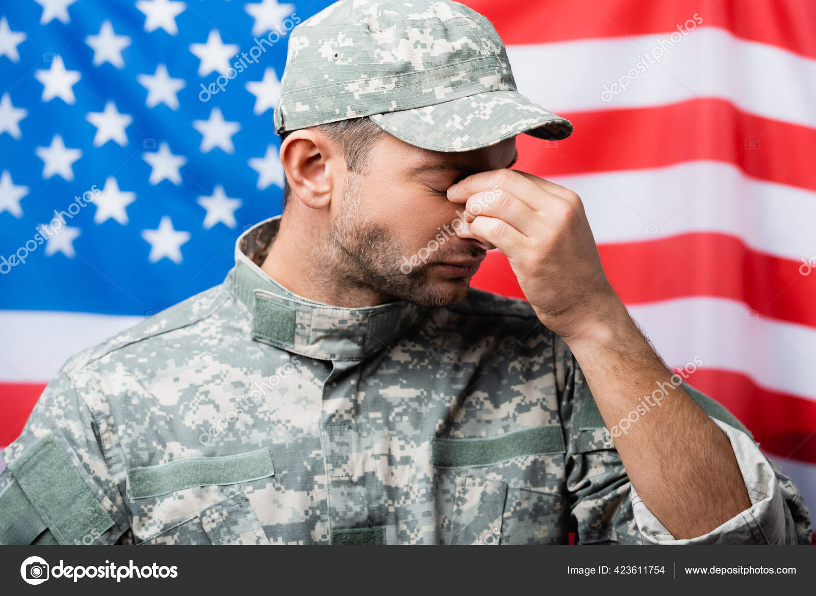 Sad Military Man Uniform Cap Wiping Tears While Crying American Stock ...