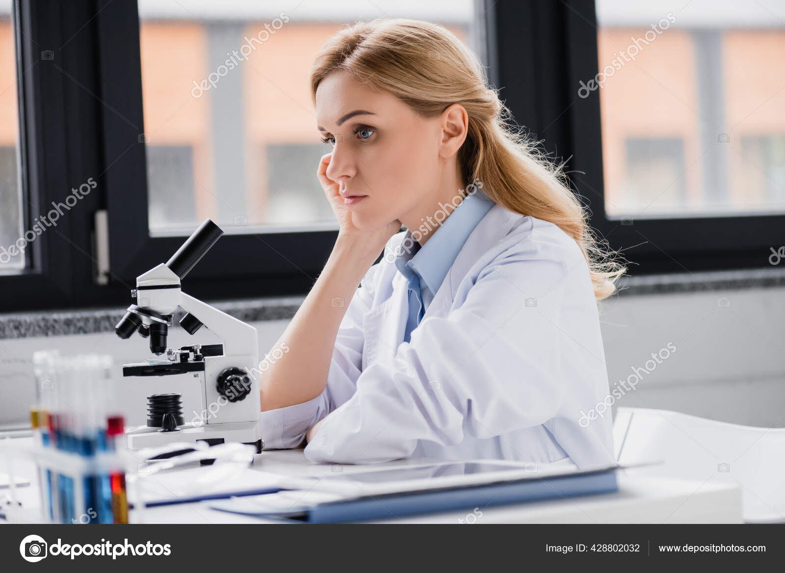 Sad Scientist Leaning Hand Microscope Lab Stock Photo by ©VitalikRadko ...