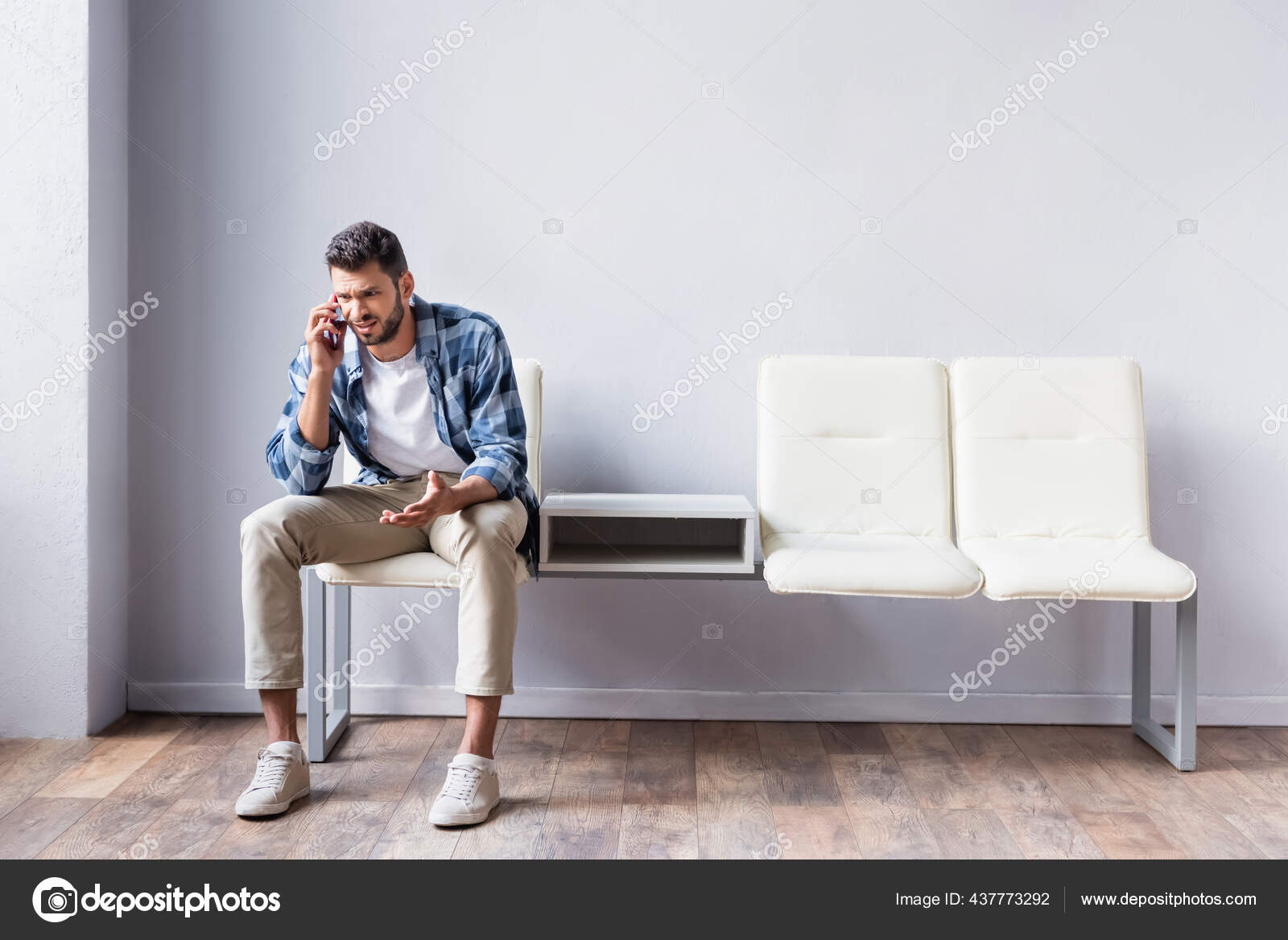 Angry Man Talking Smartphone While Waiting Chair Hall — Stock Photo ...