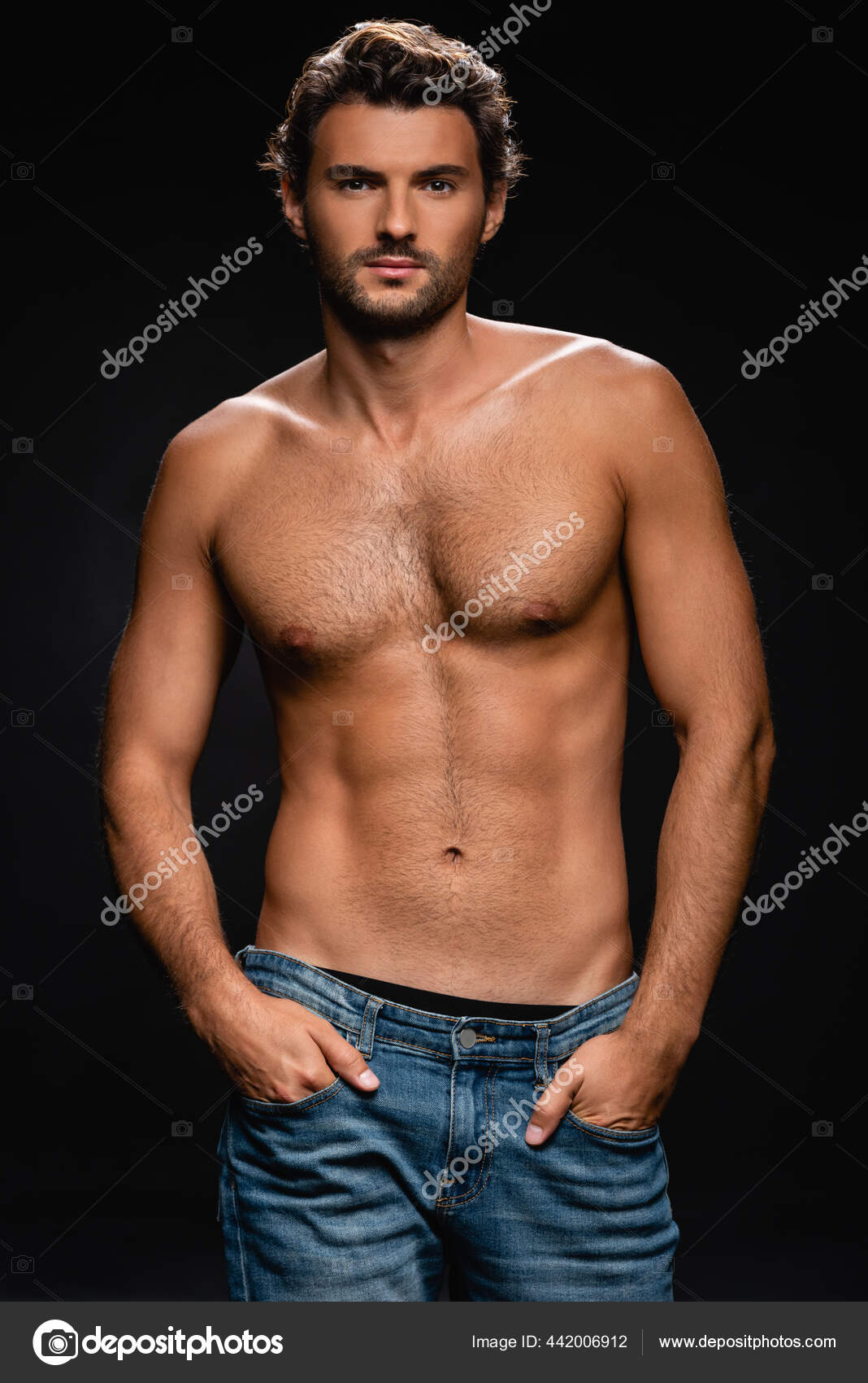 Muscular Confident Man Posing Hands Pockets While Looking Camera Black ...