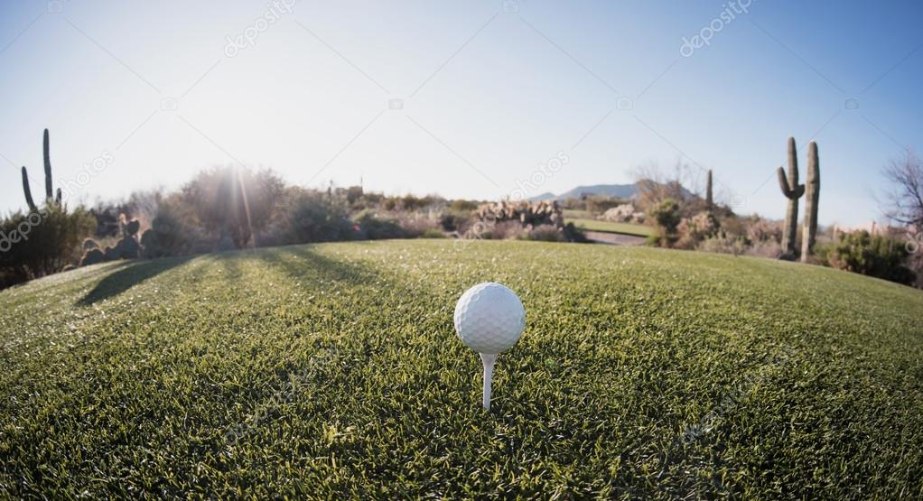 Tee off - golf ball - extreme wide angle view from from above. Fisheye ...