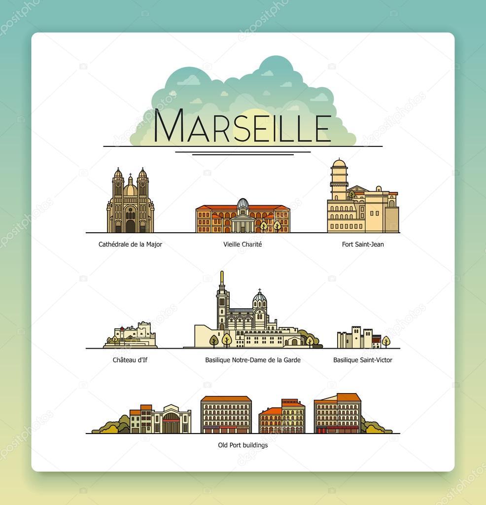 Vector line art Marseille, France, travel landmarks and architecture ...