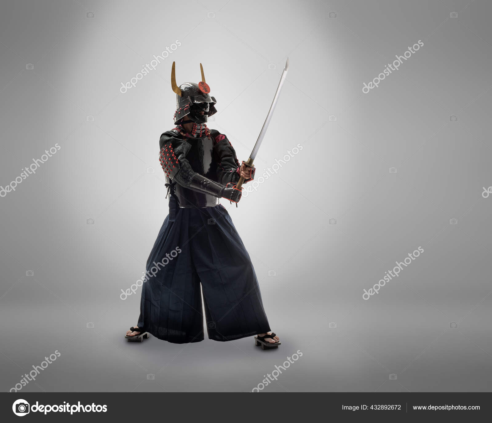 One Japanese Samurai Black Uniform Katana Sword Grey Background Stock ...