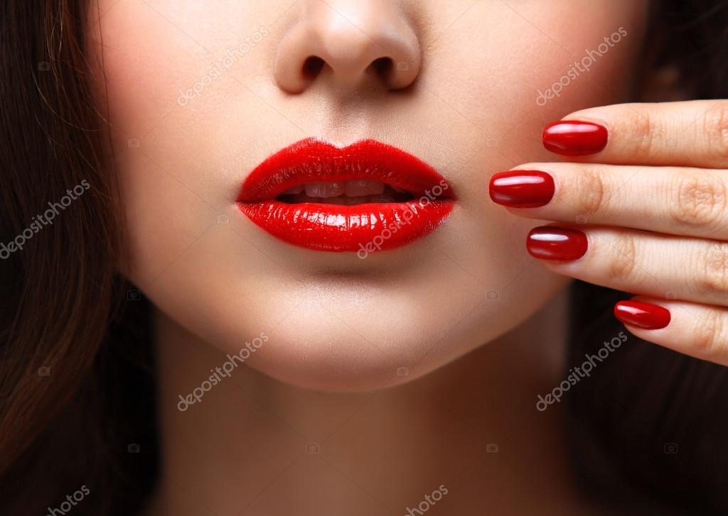 Red Sexy Lips And Nails Closeup Open Mouth Manicure And Makeup Make