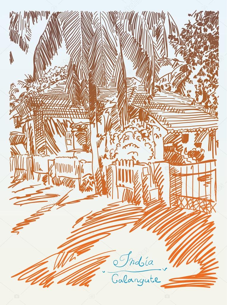 Original drawing of India Goa Calangute Baga landscape street Stock ...