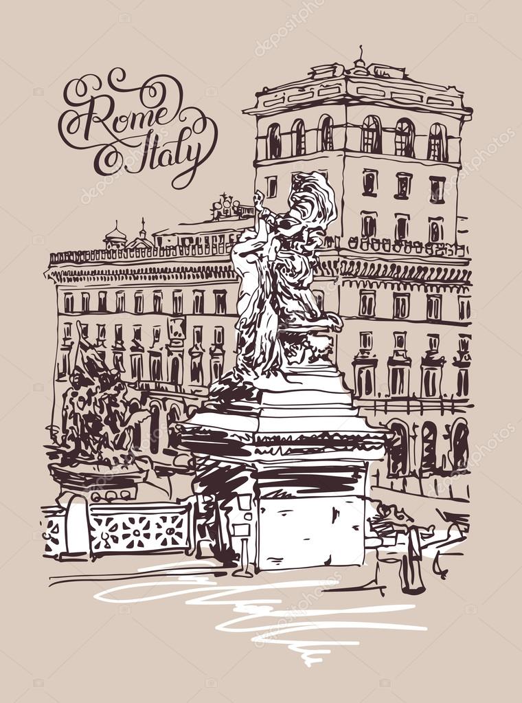 Original freehand sketch travel card from Rome Italy, old italia Stock ...
