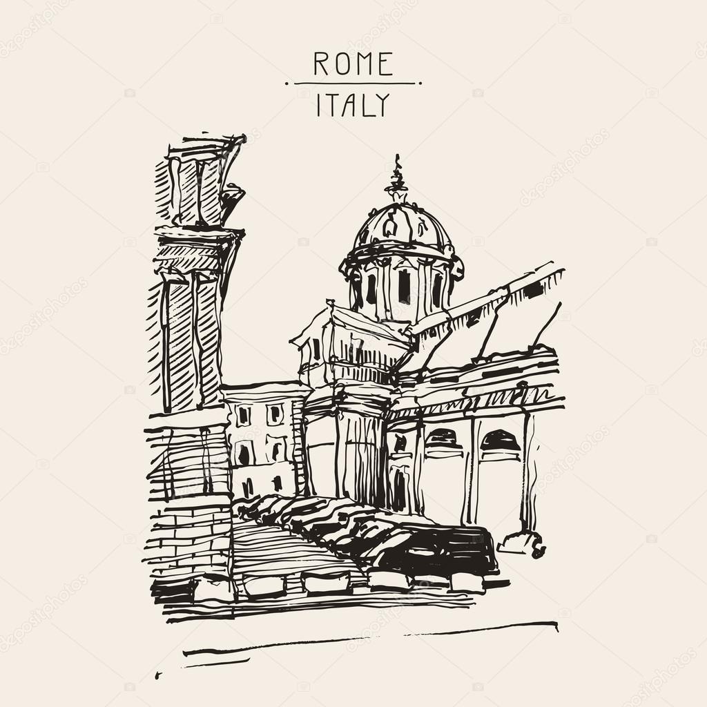 Sketch hand drawing of Rome Italy famous cityscape, travel card Stock ...