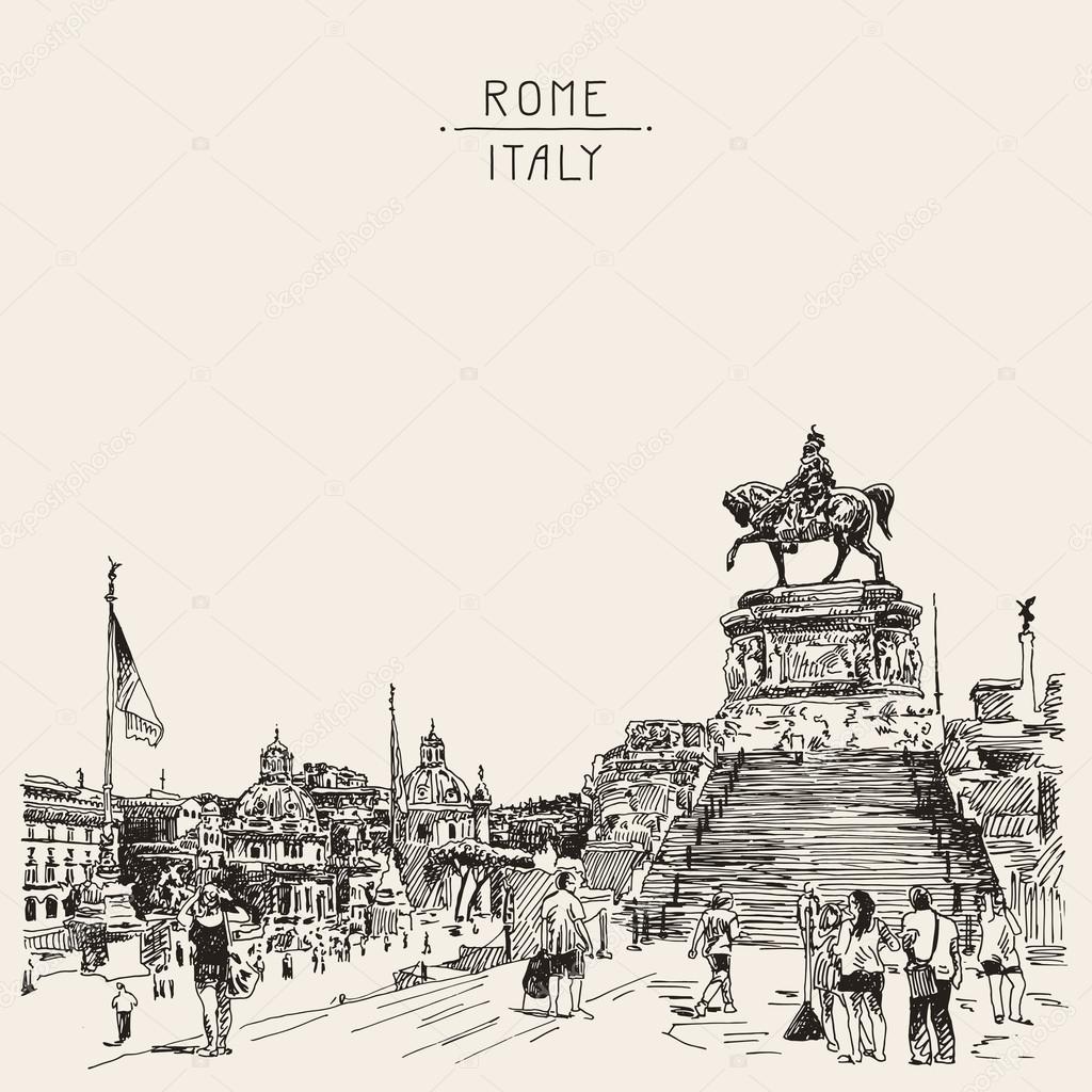Sketch hand drawing of Piazza Venezia in Rome - Altar of the Fat Stock ...