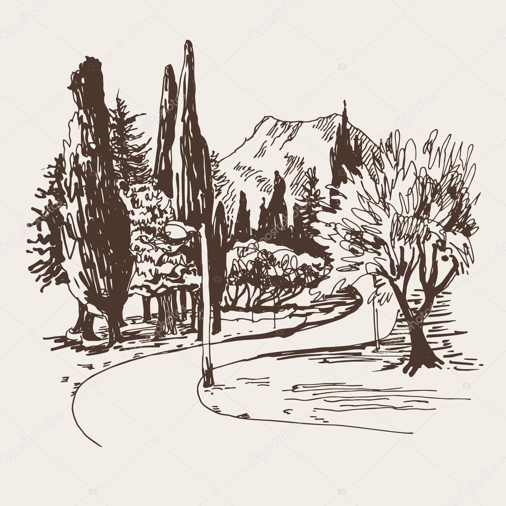 Sketching of park alley view with trees cypress and mountain in Stock ...