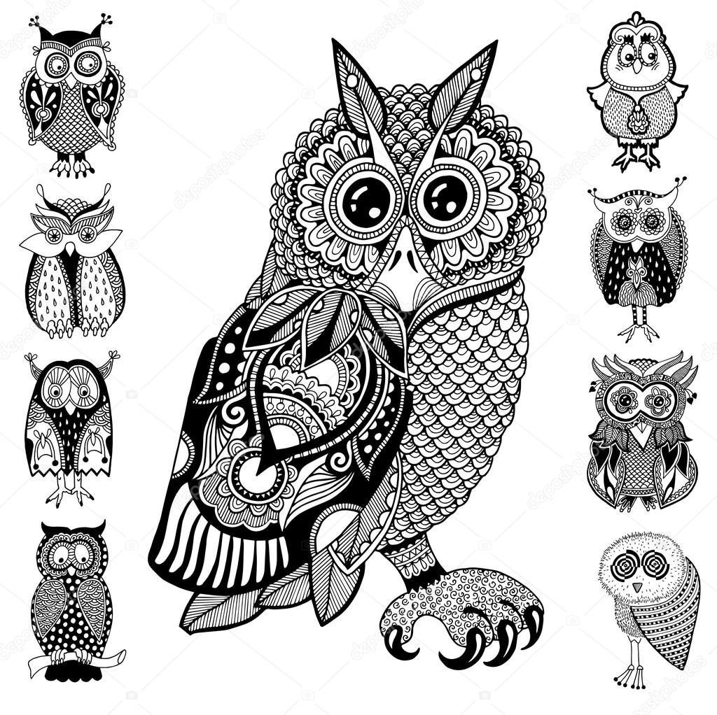 Original artwork of owl, ink hand drawing in ethnic style collec ...