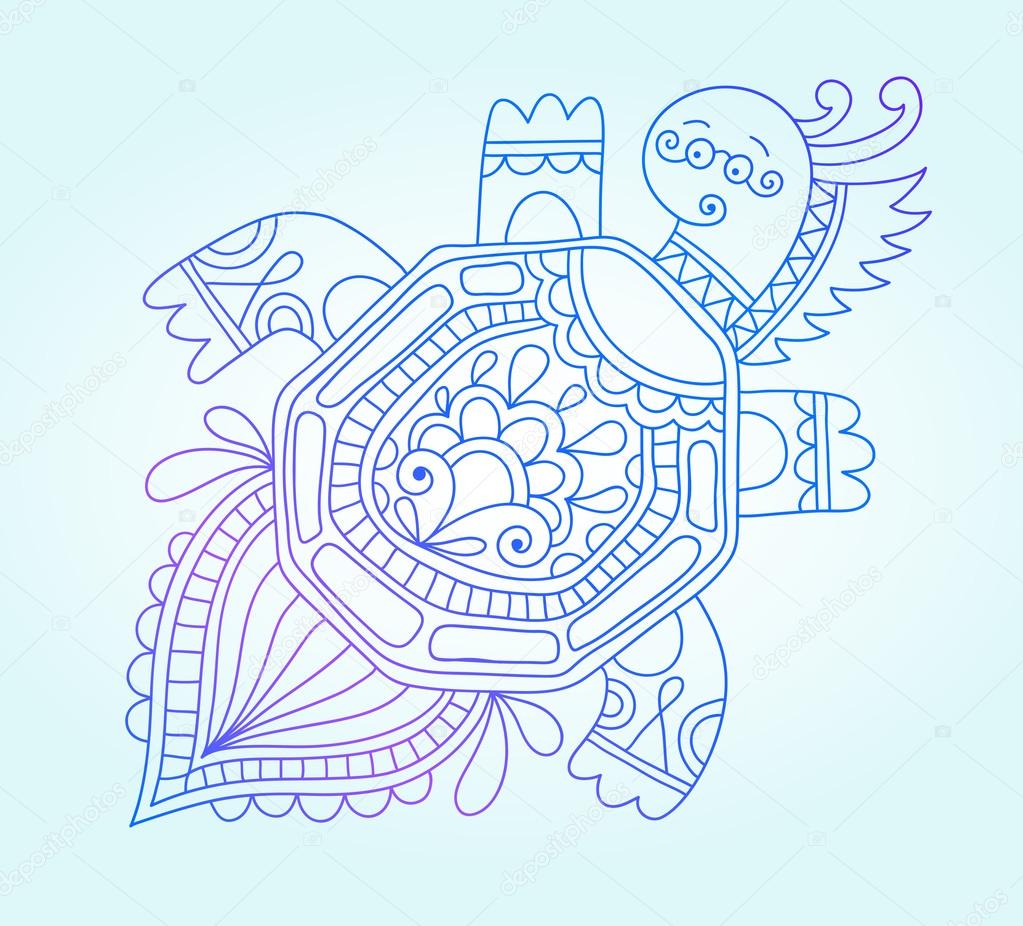 Blue line drawing of sea monster, underwater decorative tortoise Stock ...