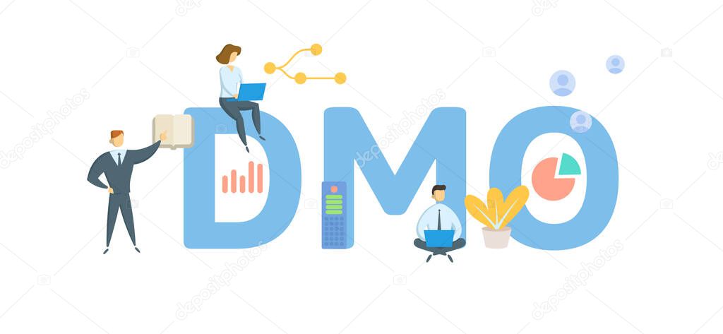 DMO, Organización de Gestión de Destinos. Concepto con palabras clave, personas e iconos ...