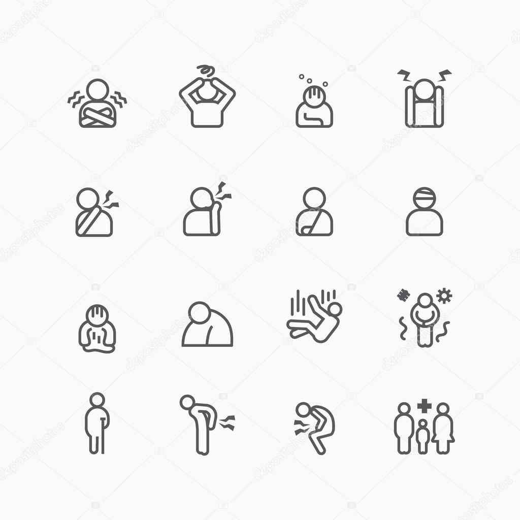 Sick and symptoms injuries silhouette icons flat line design . Stock ...