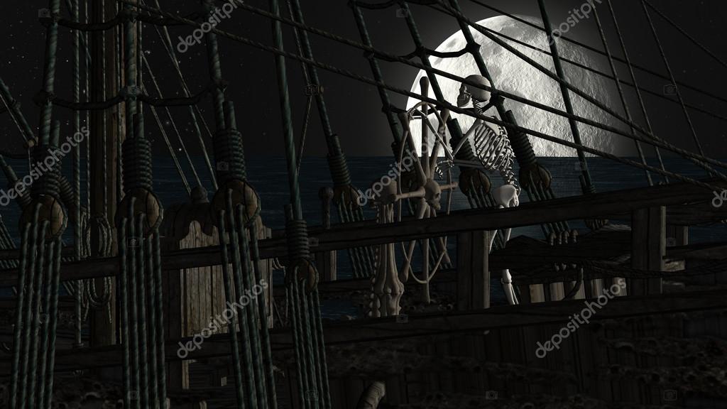 Captain skeleton in a ghost boat by night time — Stock Photo © ankarb ...
