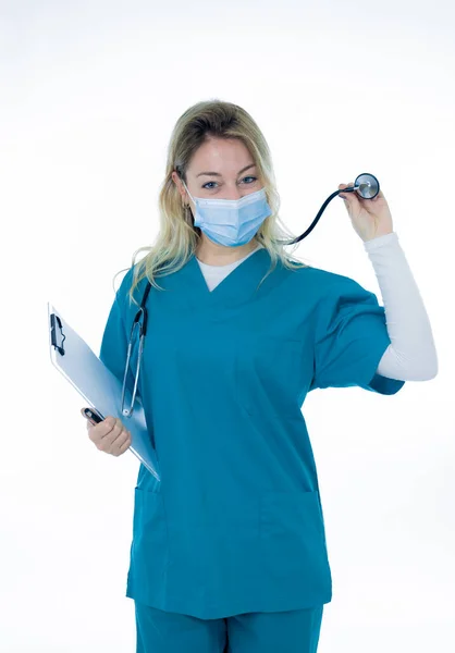 Happy Female Doctor Clipboard Stethoscope Hospital Uniform Isolated White Background — Stock ...