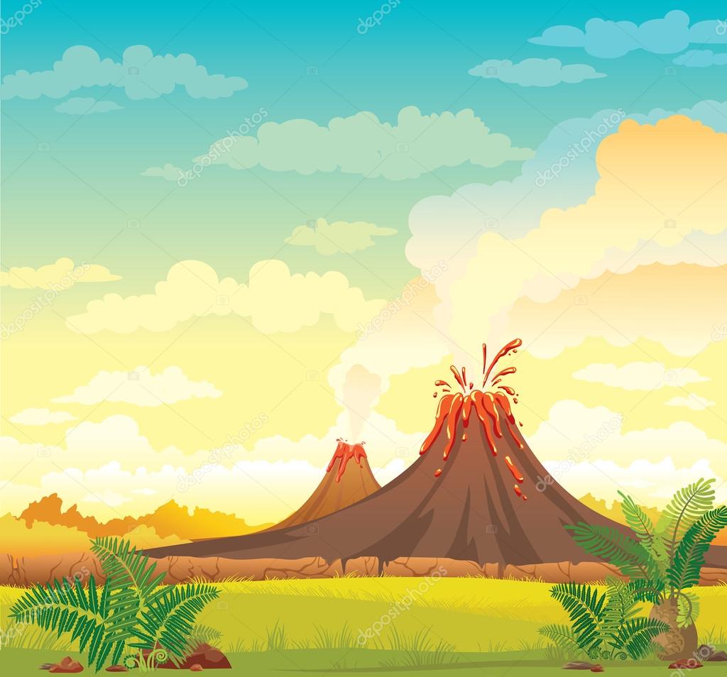 Prehistoric landscape - smoky volcanoes. Stock Vector by ©Natuska 86655292