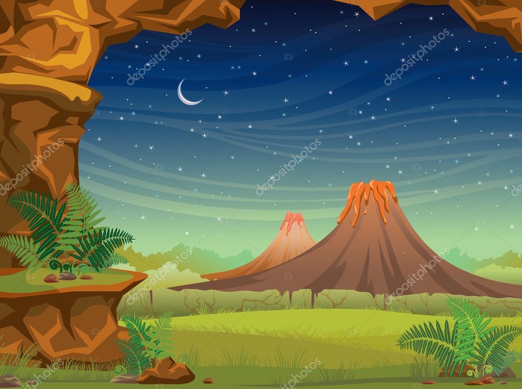 Prehistoric landscape with volcanoes at night. Stock Vector Image by ...