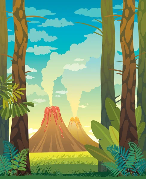 Prehistoric landscape - volcano, pterodactyls, grass — Stock Vector ...