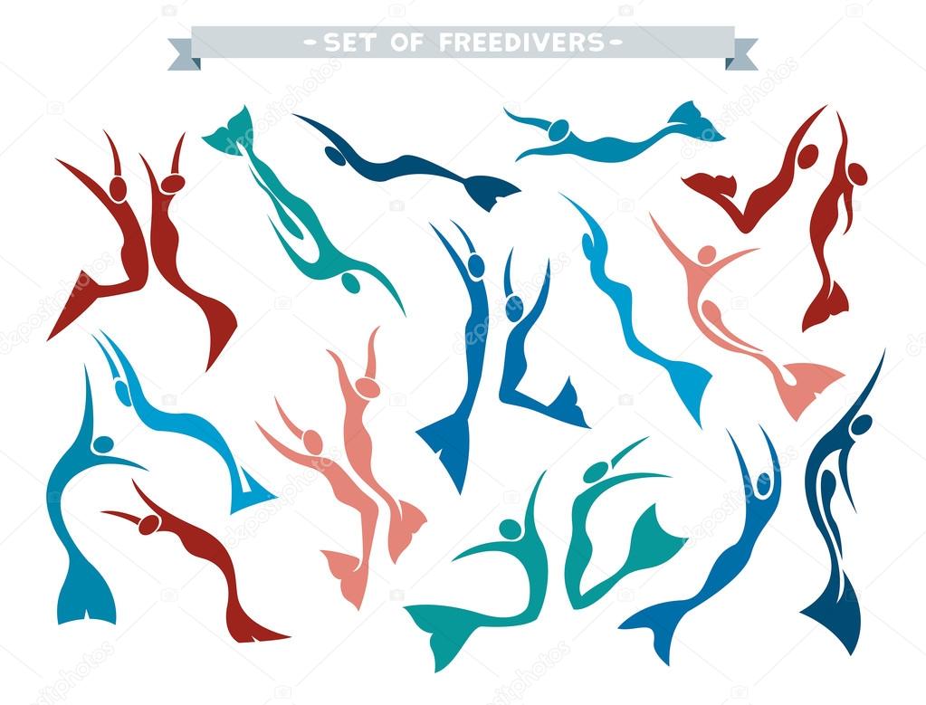 Set with silhouette of free divers. Freediving. Stock Vector Image by ...