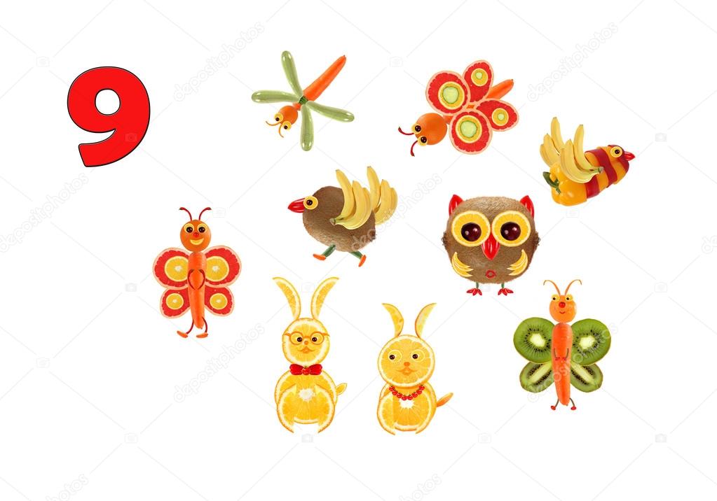 Aprender a contar. Figuras de dibujos animados de verduras y frutas ...