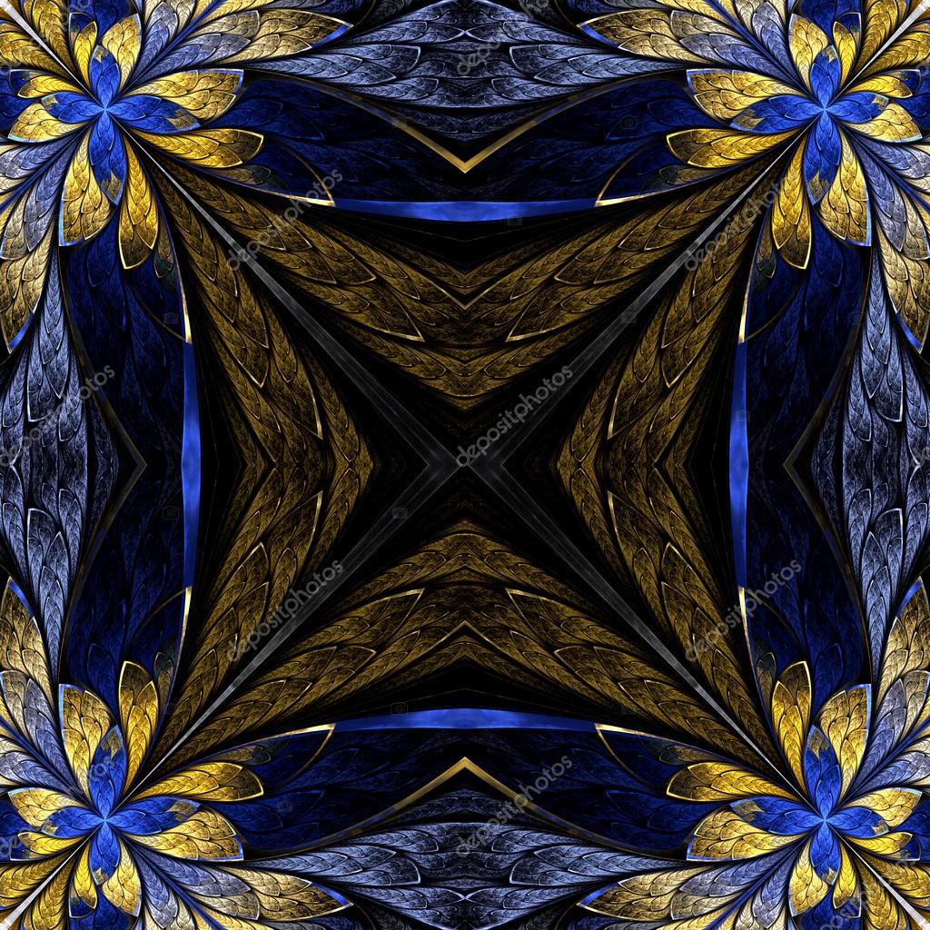 Symmetrical flower pattern in stained-glass window style on blac Stock ...