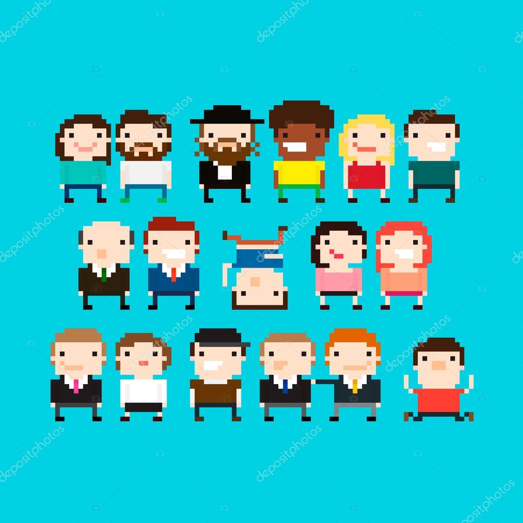 Pixel personas de arte personajes Vector de stock #82602534 de ©chuckchee