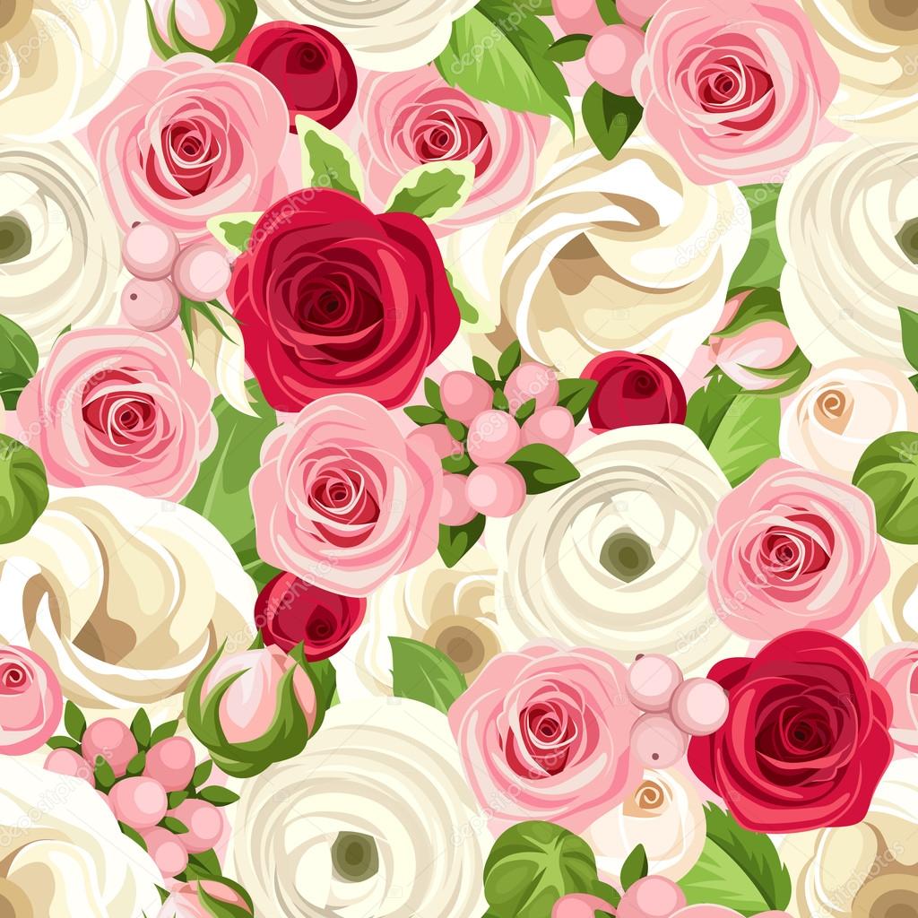 Seamless background with red, pink and white flowers. Vector ...