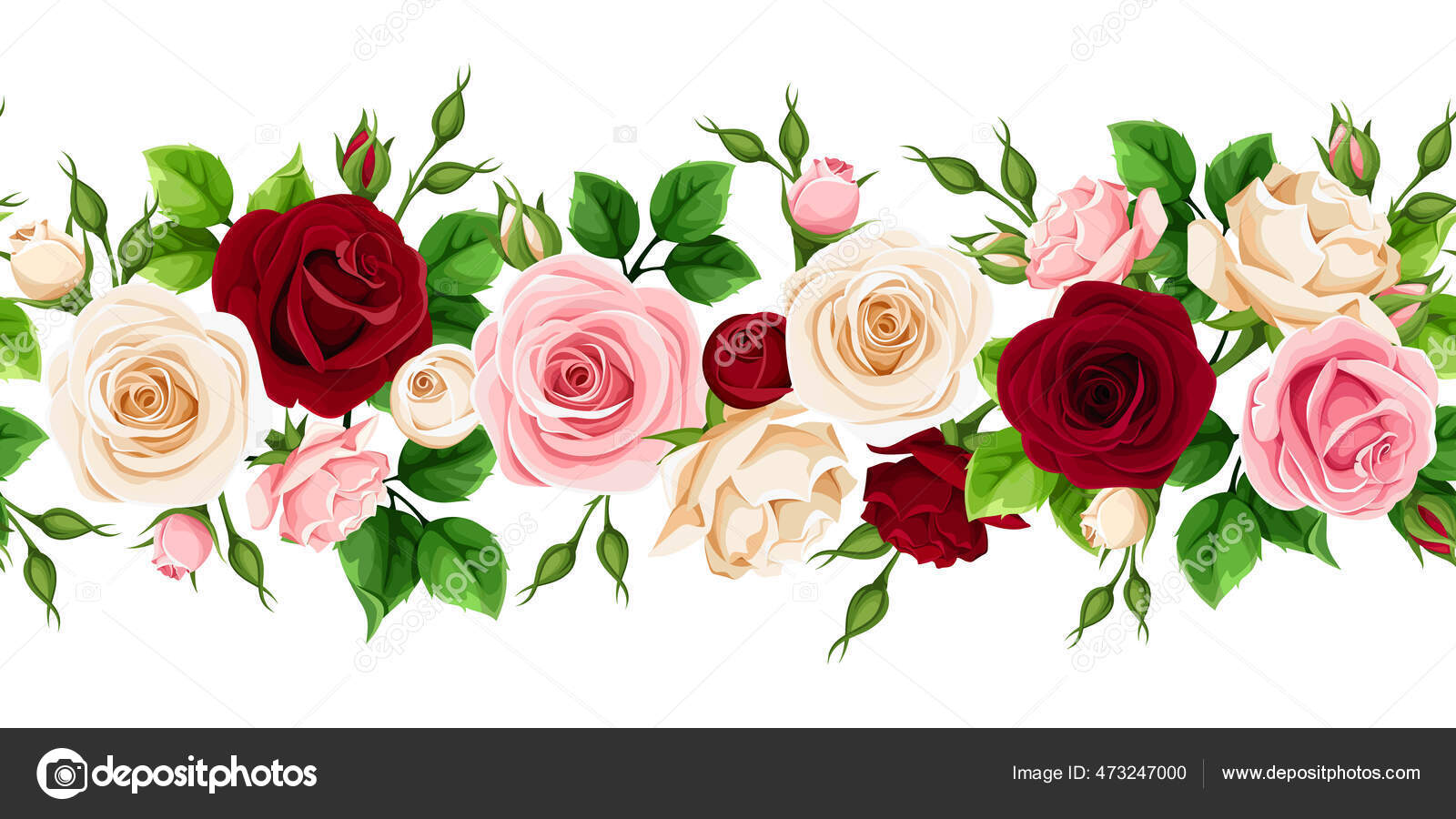Vector Horizontal Seamless Border Red Pink White Roses Green Leaves ...