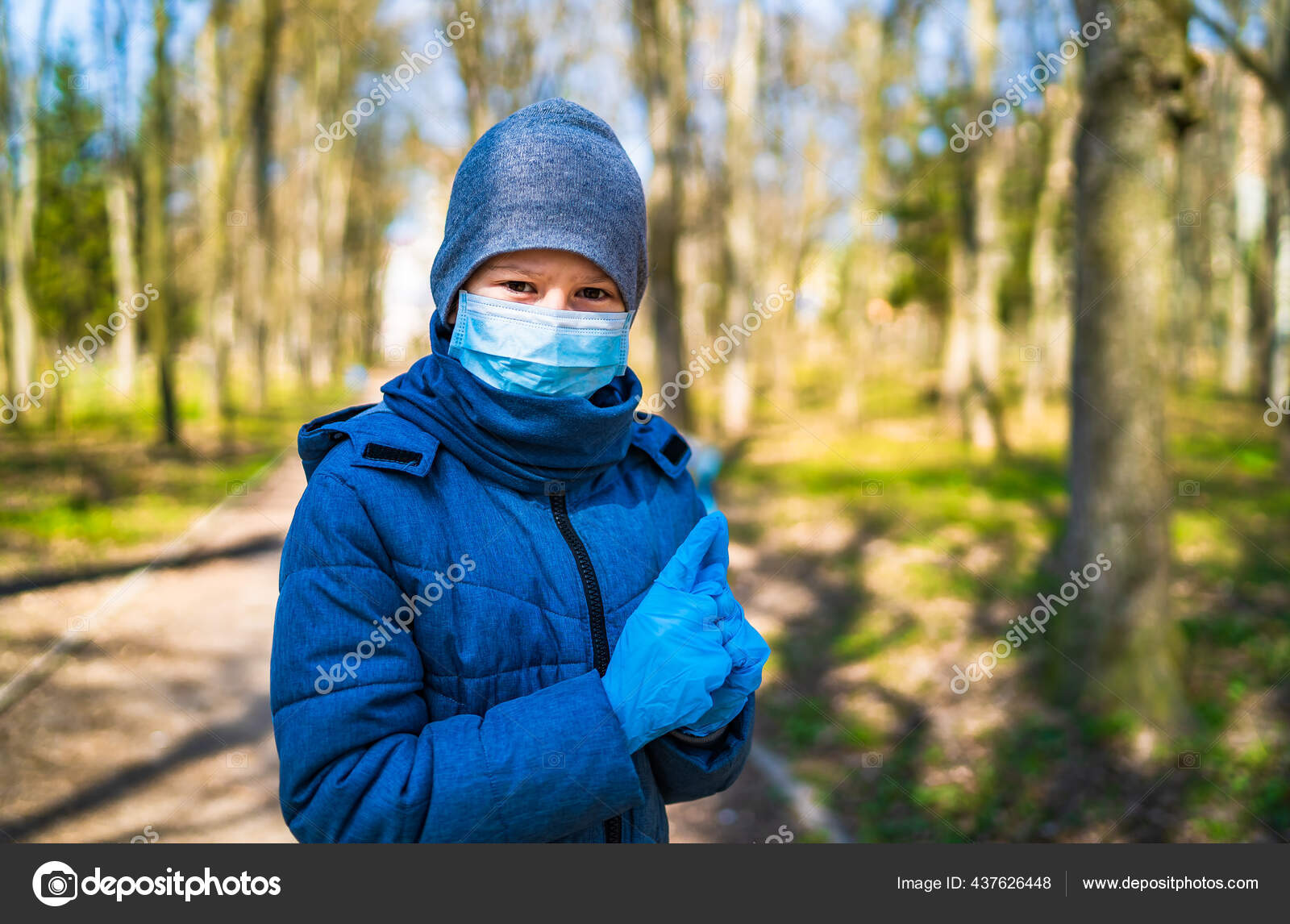 Teenage Wearing Medical Rubber Gloves Boy Shows Stop Sign Front Stock ...