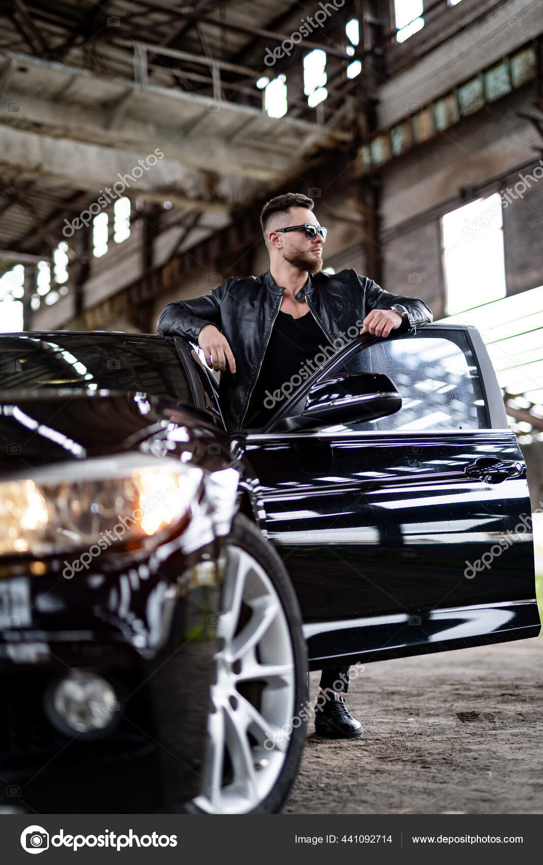 Handsome Fashion Model Guy Opened Door Luxury Car Total Black — Stock ...