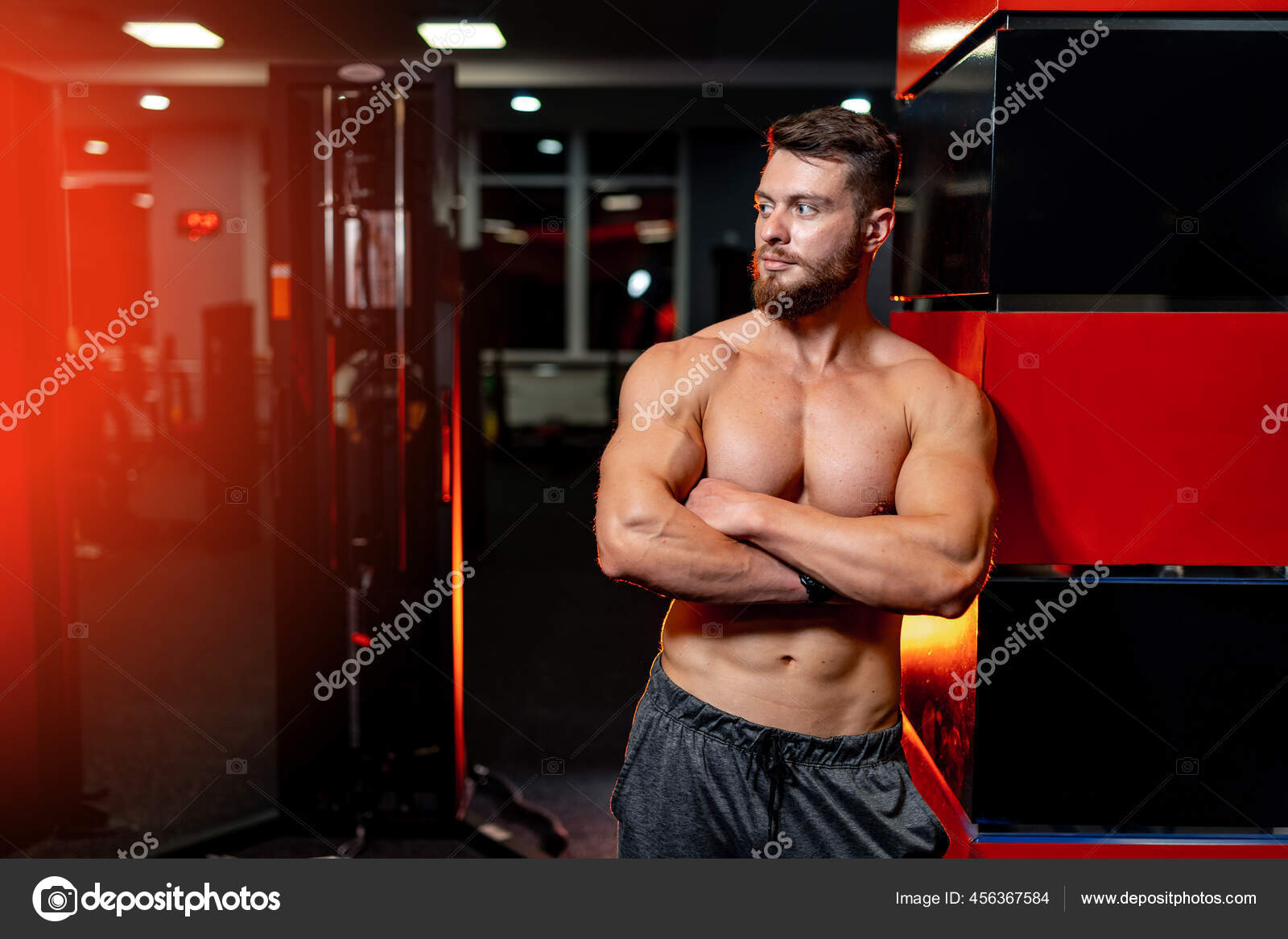 Strong Man Muscular Body Type Training Posing Modern Sports Hall ...