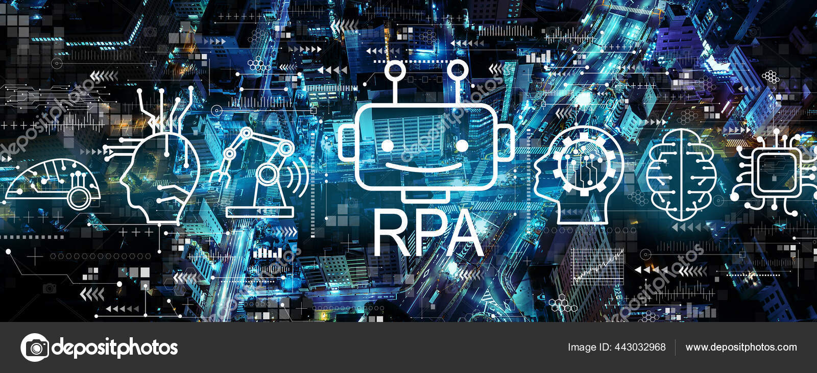 Robotic Process Automation theme with aerial view of city — Stock Photo © Melpomene #443032968