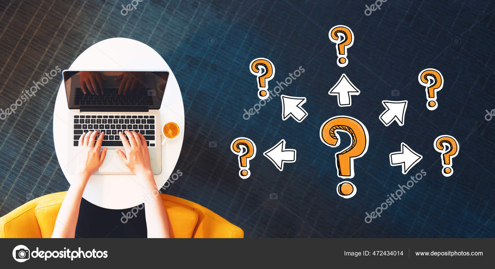 Big and small question marks with arrows with person using a laptop ... Big and small question marks with arrows with person using a laptop ...