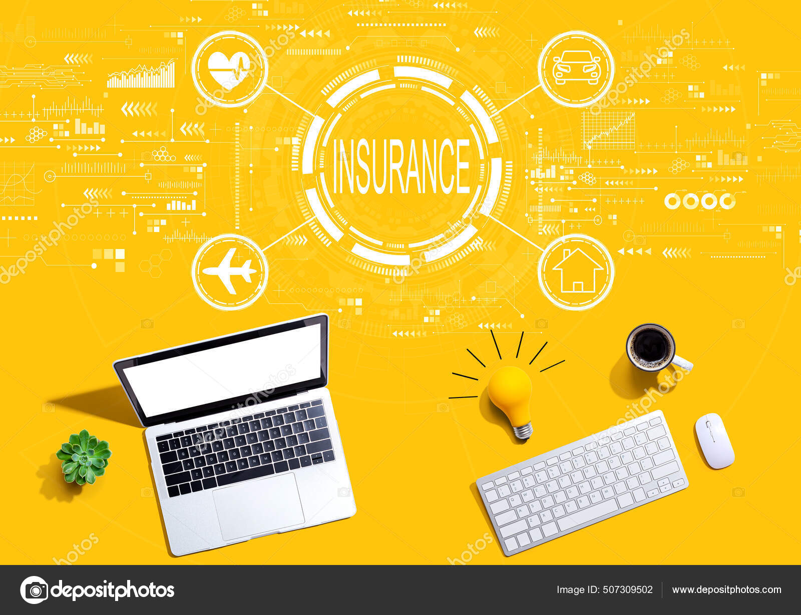 Insurance concept with computers with a light bulb — Stock Photo ...