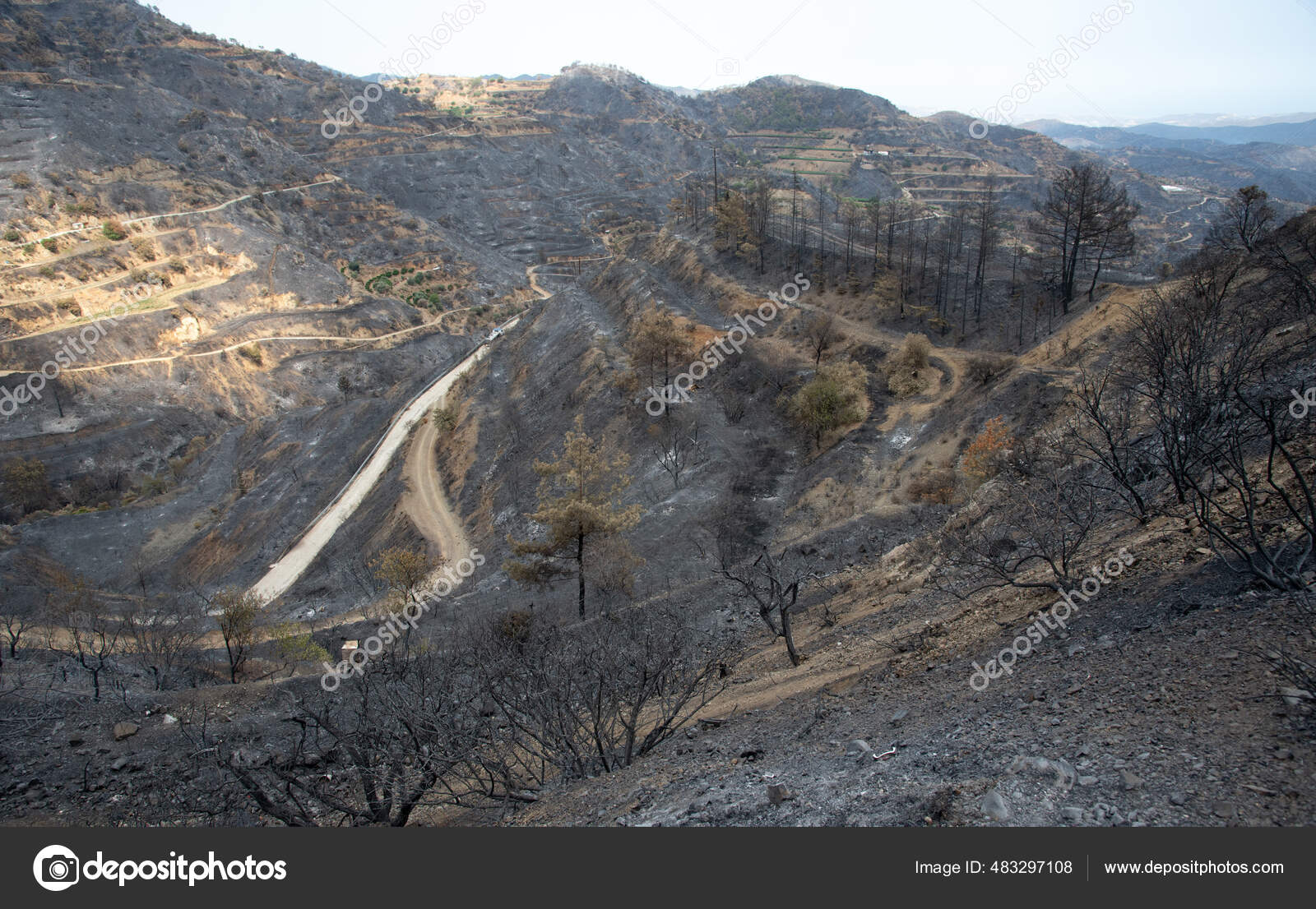Mountain fire with burned agriculture land and forest. Odou village ...