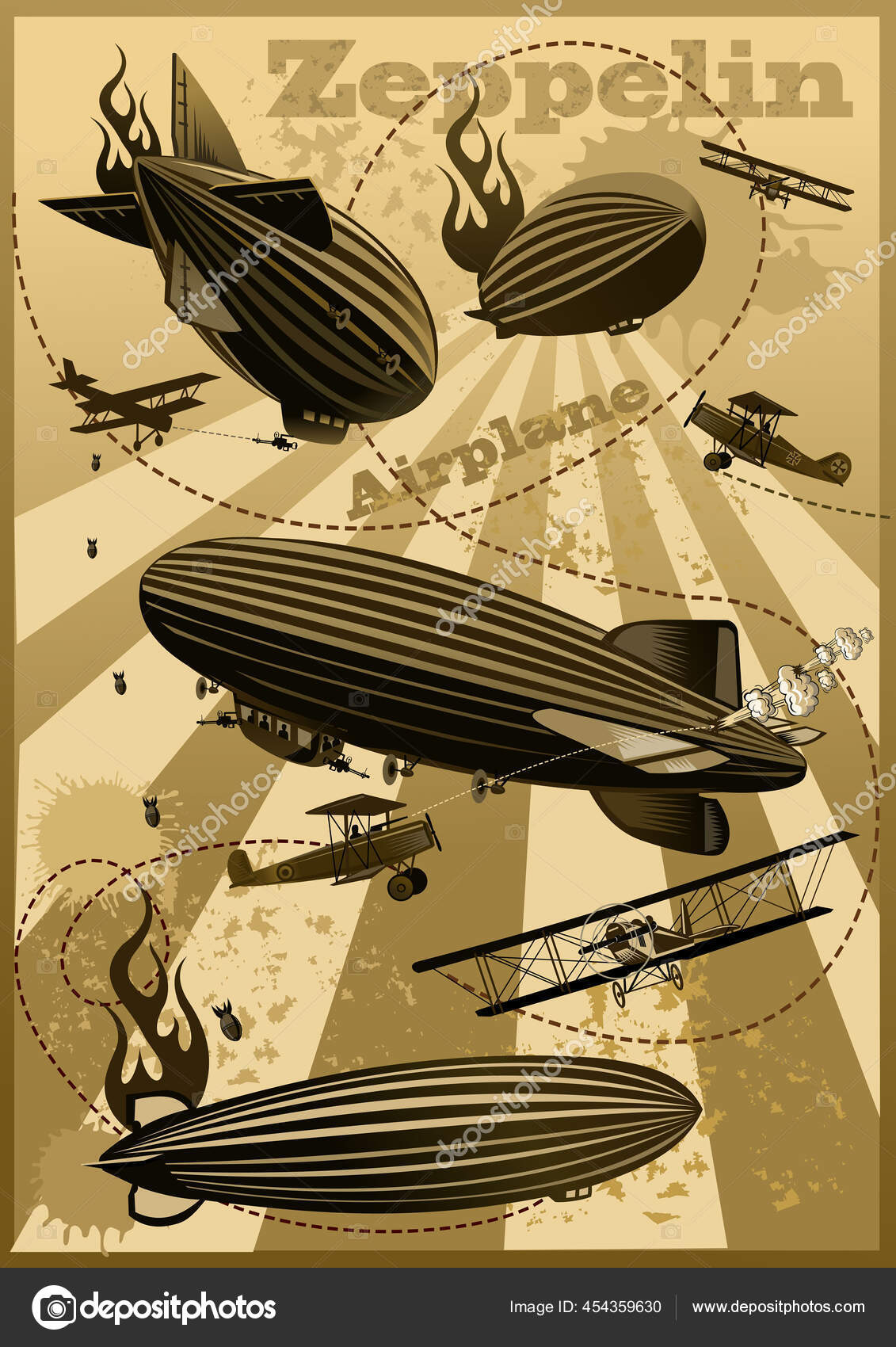 Vintage World War Biplanes Zeppelin World War Stock Vector Image by ...