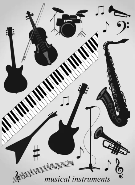 Black Musical Instruments Electric Guitar Piano Keyboard Double Bass ...