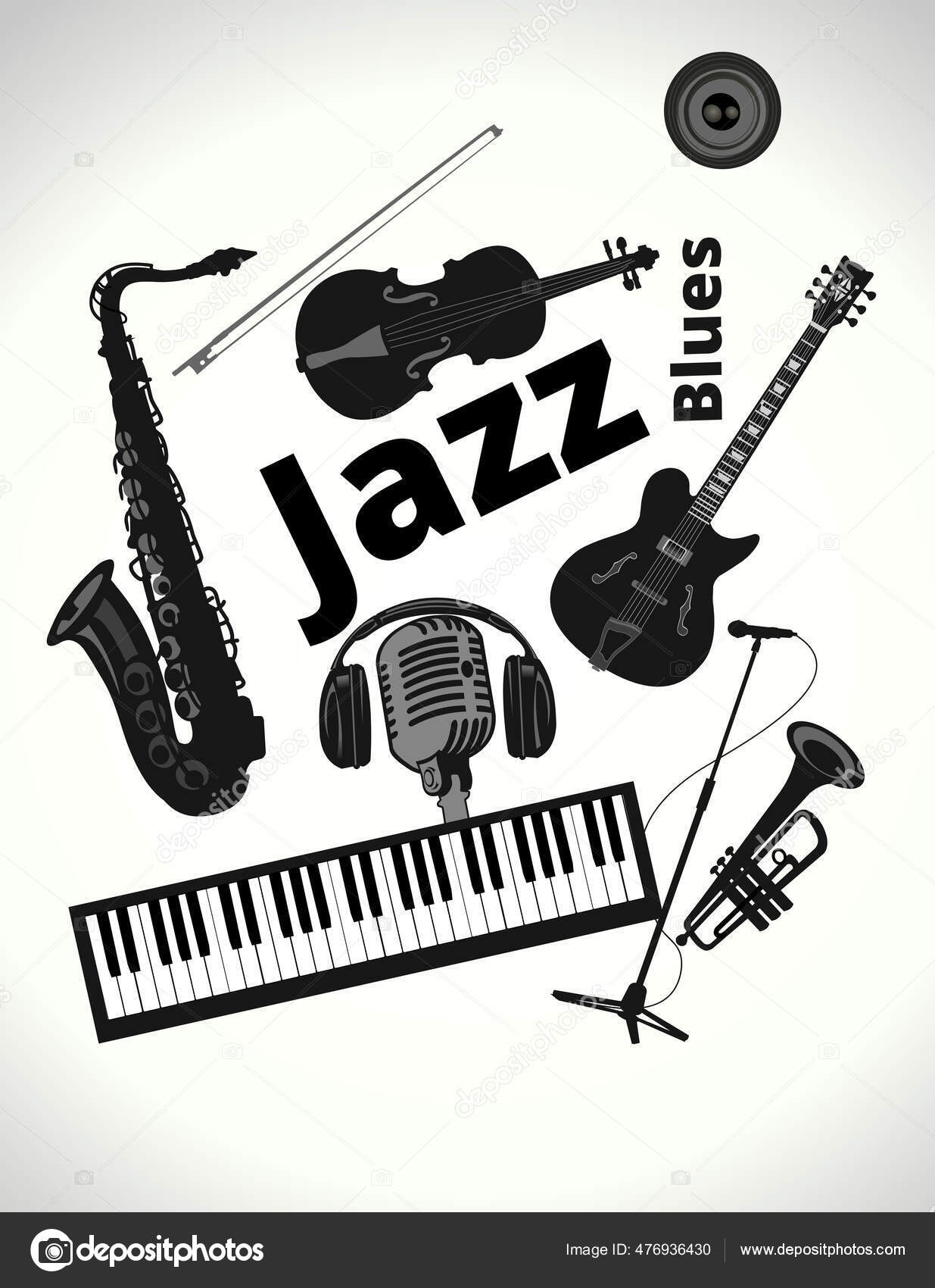 Black Musical Instruments Electric Guitar Piano Keyboard Double Bass ...