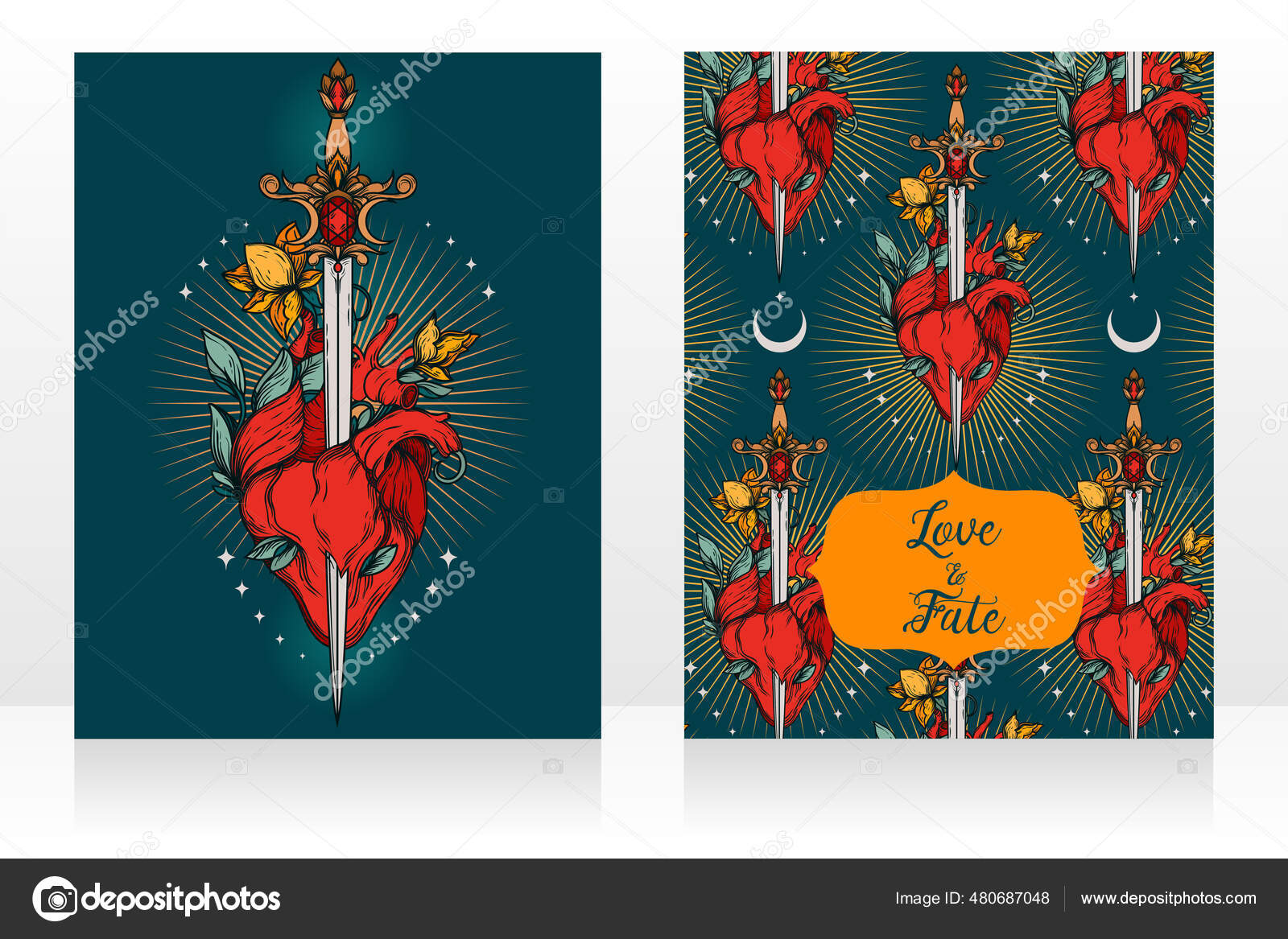 Two Cards Blooming Heart Sword Symbol Love Self Knowledge Vector Vector ...