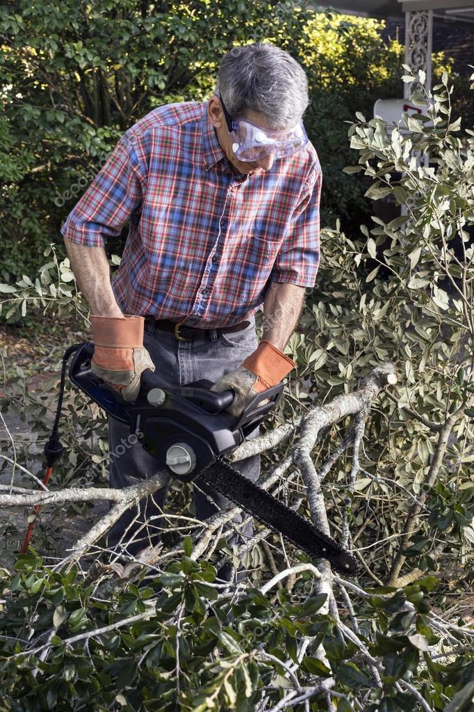 Closeup of Man Cutting Tree Branches with Chainsaw — Stock Photo ...