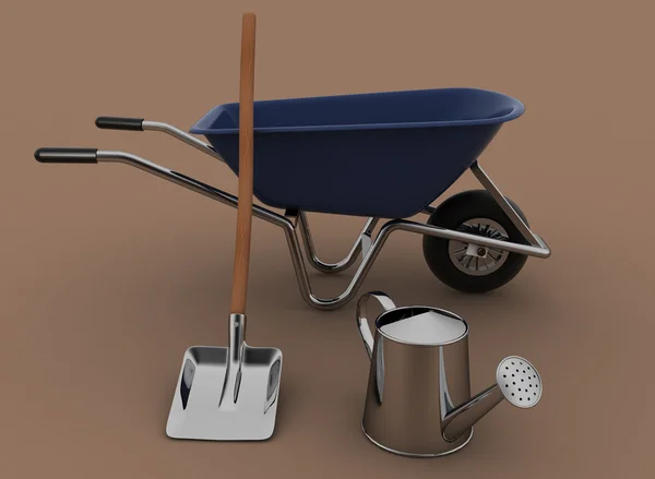 Garden tools. Garden wheelbarrow, watering can and a shovel Stock Photo ...