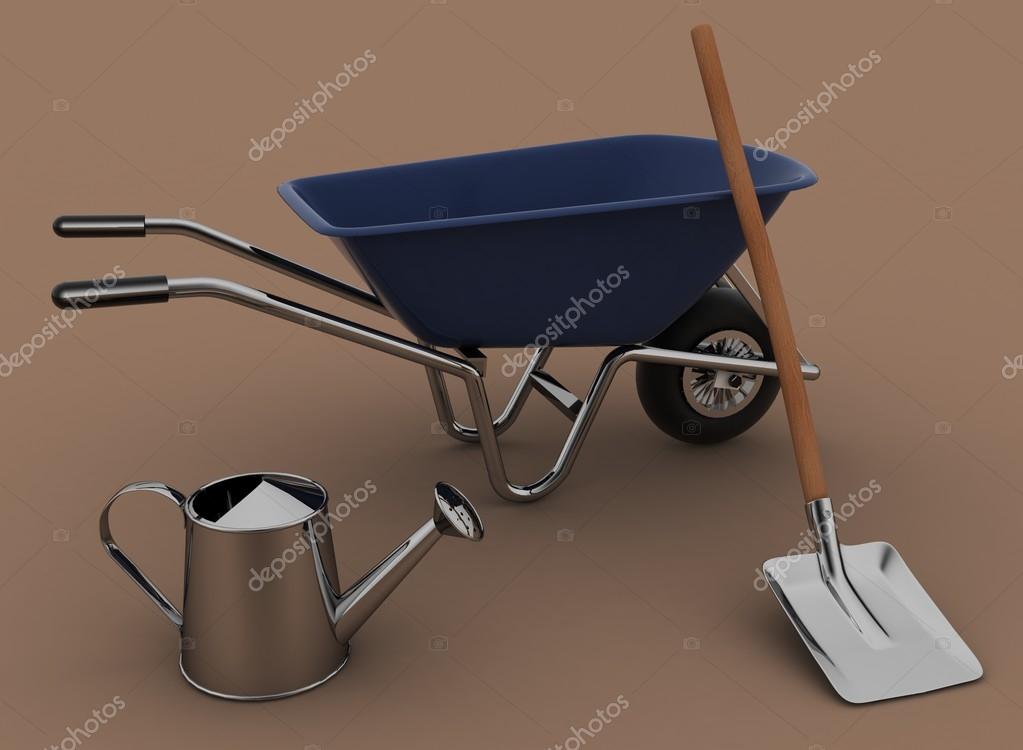 Garden tools. Garden wheelbarrow, watering can and a shovel Stock Photo ...