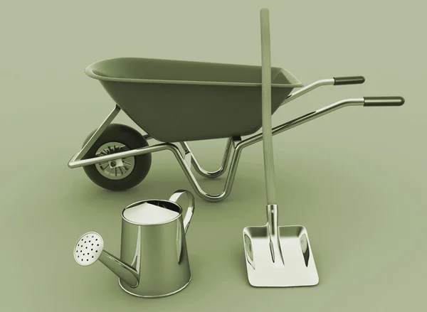 Garden tools. Garden wheelbarrow, watering can and a shovel Stock Photo ...