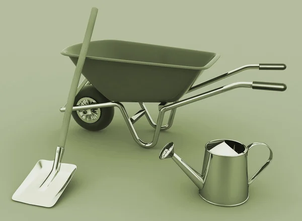 Garden tools. Garden wheelbarrow, watering can and a shovel Stock Photo ...