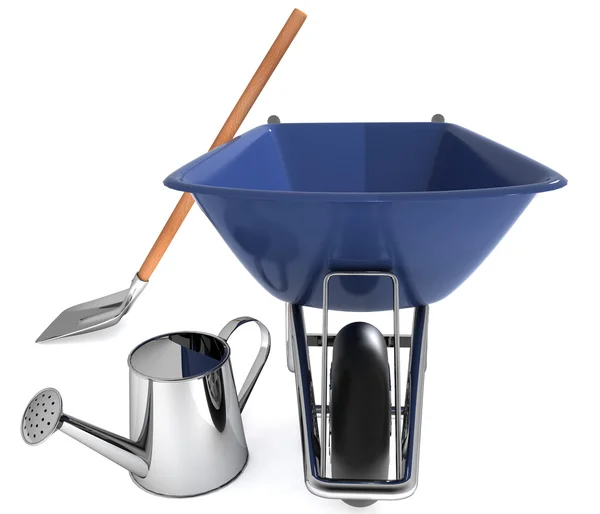 Garden tools. Garden wheelbarrow, watering can and a shovel Stock Photo ...