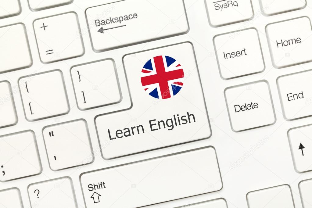 White conceptual keyboard - Learn English (key with national fla ...