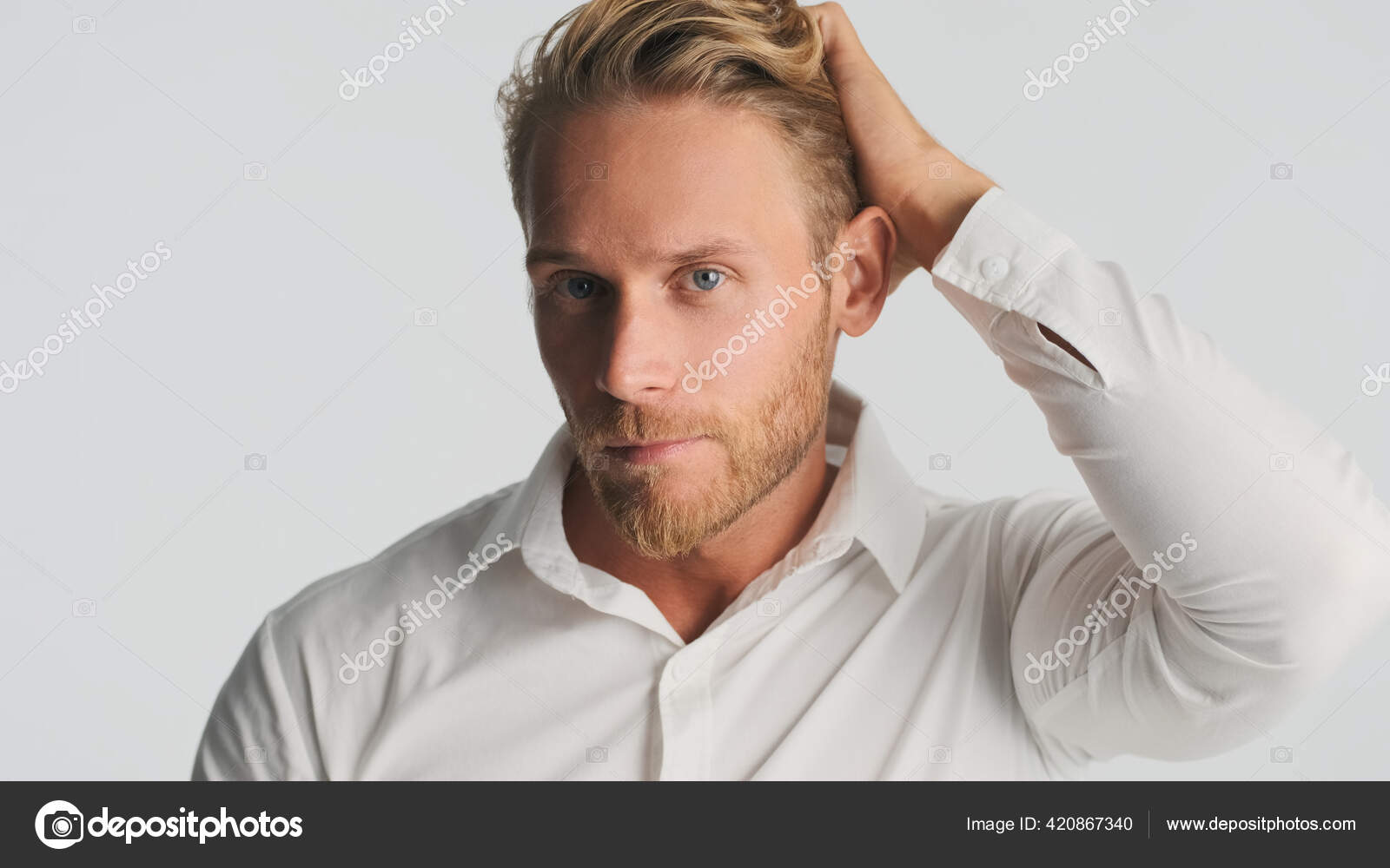 Handsome Blond Bearded Businessman Shirt Confidently Preening His Hair ...